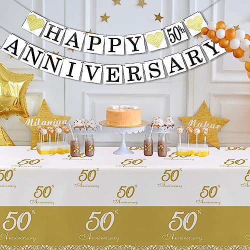 APOWBLS 50th Anniversary Decorations And Supplies Tableware - Golden 50th Wedding Anniversary Decorations, Plate, Napkin, Tablecloth, Fork, 50 Year Anniversary Party Supplies Decorations | Serve 24