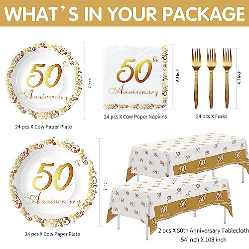 APOWBLS 50th Anniversary Decorations And Supplies Tableware - Golden 50th Wedding Anniversary Decorations, Plate, Napkin, Tablecloth, Fork, 50 Year Anniversary Party Supplies Decorations | Serve 24