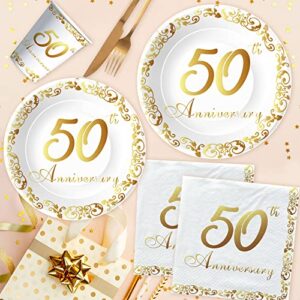 APOWBLS 50th Anniversary Decorations And Supplies Tableware - Golden 50th Wedding Anniversary Decorations, Plate, Napkin, Tablecloth, Fork, 50 Year Anniversary Party Supplies Decorations | Serve 24