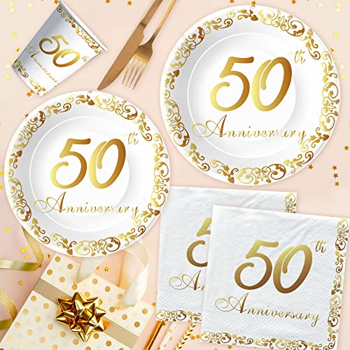 APOWBLS 50th Anniversary Decorations And Supplies Tableware - Golden 50th Wedding Anniversary Decorations, Plate, Napkin, Tablecloth, Fork, 50 Year Anniversary Party Supplies Decorations | Serve 24