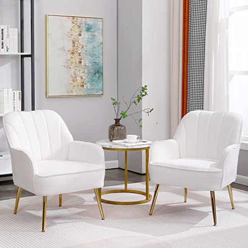 HANLIVES Accent Chair Set of 2,Modern Mid Century Teddy Fabric Armchair,Ergonomics Comfy Arm Chair for Living Room Bedroom Office Waiting Room,Barrel Chairs (Off White*2)