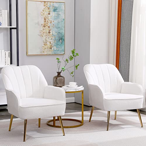 HANLIVES Accent Chair Set of 2,Modern Mid Century Teddy Fabric Armchair,Ergonomics Comfy Arm Chair for Living Room Bedroom Office Waiting Room,Barrel Chairs (Off White*2)