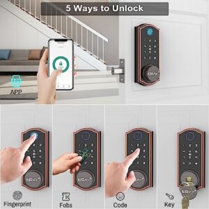 Smart Fingerprint Door Lock with Deadbolt, ERAY 5-in-1 Keyless Entry Door Lock with APP, Fingerprint, Keypad Code, Keys and Fobs, Front Door Locks Set for Interior Home Security Hotel Apartment