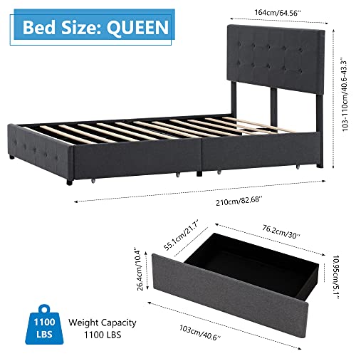 Squireewo Bed Frame with LED Lights & 4 Storage Drawers, Upholstered Platform Bed with Adjustable Headboard, No Box Spring Needed, Easy Assembly, Noise-Free (Dark Grey, Queen Bed)