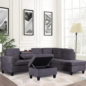 emkk modern sectional sofa set left right chaise lounge & storage ottoman upholstered corner l shaped sofá living room couch w/cup holder, arm nail for home/office, grey leftchaise