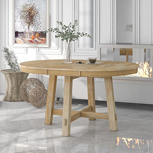 LCH, Farmhouse Round Extendable Dining 16" Leaf Kitchen Table (Natural Wood Wash)