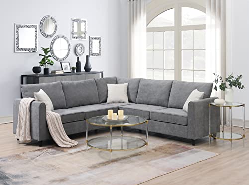 SZUBEE L Shaped Sectional Sofa Living Room Furniture with Deep Button Tufted Velvet Upholstery and Rolled Arm, Classic Chesterfield, 88x88 inches, 3 Pillows Included, Gray