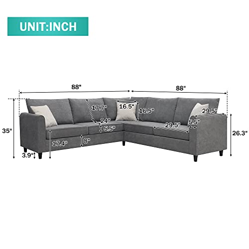 SZUBEE L Shaped Sectional Sofa Living Room Furniture with Deep Button Tufted Velvet Upholstery and Rolled Arm, Classic Chesterfield, 88x88 inches, 3 Pillows Included, Gray