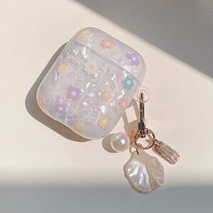 PHOEACC Cute Airpod 1 & 2 Case Flower with Glitter Shell Pearl Keychain Luxury Marble Hard TPU Protective Cover Compatible with AirPods 2nd 1st Generation Case for Girls Teens Women (Floral)