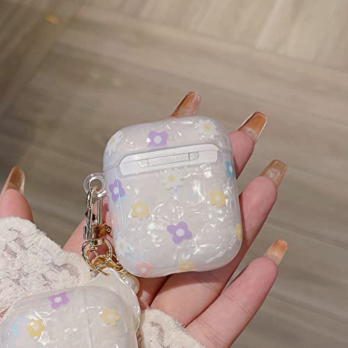 PHOEACC Cute Airpod 1 & 2 Case Flower with Glitter Shell Pearl Keychain Luxury Marble Hard TPU Protective Cover Compatible with AirPods 2nd 1st Generation Case for Girls Teens Women (Floral)