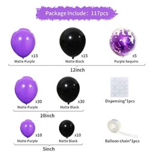 Purple Black Balloon Garland Arch Kit - 117PCS Black and Purple Balloons Confetti Balloons for Black Party Wedding Anniversary Birthday Graduation Retirement Halloween Party Decorations