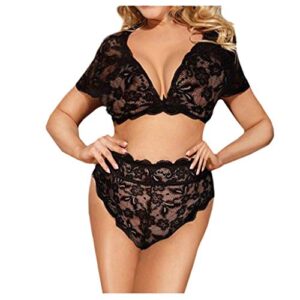 Sexy Lingerie, Outfits Fishnet Lingerie for Women Lengerie Sets Lace Underwear V-Neck Bra Thong Short Sleeve Top Lingerie Set S-3Xl Soft Bralette Stockings Cheap Mini Dress Snap (S, Black)