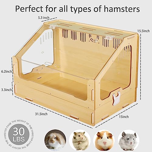 Hamster Cage Large Wooden Hamster Cages and Habitats for Dwarf Hamster, Guinea Pig, Chinchilla, Openable Skylight Top, Detachable Type, Easy Clean Chew-Proof (31.5" L * 15" W * 15.5" H, Cage Only)