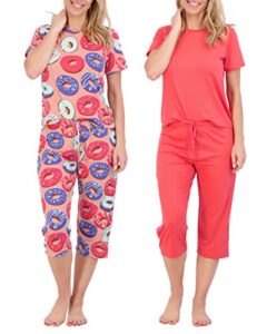 real essentials 2 pack: womens short sleeve shirt capri sweat pants pajama sets pajamas soft pj women two piece matching pants top loungewear sleep wear sexy summer bottoms pijamas ladies - set 7, s