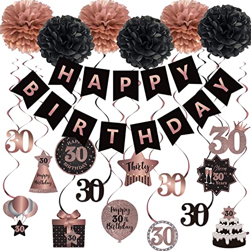 BRT Bearingshui Happy 30th Birthday Hanging Swirls Streamers Decoration Set, Happy Birthday Banner with Tissue Pompoms, Rose Gold and Black 30 Years Old Birthday Party Hanging Backdrop Decorations