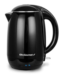 elite gourmet ekt1821 1.8l double wall insulated, cool-touch electric kettle w/stainless steel interior & lid, 360° swivel base for cord free serving, power on lever, auto shut-off, boil dry, black