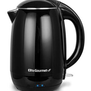 Elite Gourmet EKT1821 1.8L Double Wall Insulated, Cool-Touch Electric Kettle w/Stainless Steel Interior & Lid, 360° Swivel Base for Cord Free Serving, Power On Lever, Auto Shut-Off, Boil Dry, Black