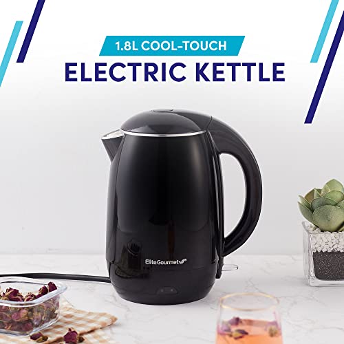 Elite Gourmet EKT1821 1.8L Double Wall Insulated, Cool-Touch Electric Kettle w/Stainless Steel Interior & Lid, 360° Swivel Base for Cord Free Serving, Power On Lever, Auto Shut-Off, Boil Dry, Black