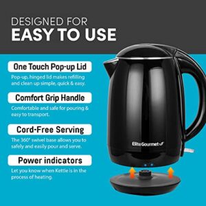 Elite Gourmet EKT1821 1.8L Double Wall Insulated, Cool-Touch Electric Kettle w/Stainless Steel Interior & Lid, 360° Swivel Base for Cord Free Serving, Power On Lever, Auto Shut-Off, Boil Dry, Black