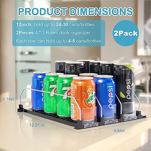 2PACK Drink Organizer for Fridge, 6 Rows Large Capacity Self-Pushing Soda Can Organizer for Refrigerator, Soda Can Dispenser Can Storage Organizer Pantry Vending Machine (12 Inches - 6 Rows, Clear)