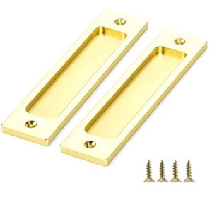 incauca 2 pack barn door handles, 6 inch flush door pull, recessed door handles, sliding closet door finger pull, rectangular flat plate for pocket door drawer cabinet cupboard (gold)