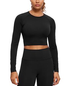 crz yoga seamless long sleeve shirts for women ribbed workout tops athletic crop tops cropped running gym shirts black small