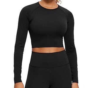 CRZ YOGA Seamless Long Sleeve Shirts for Women Ribbed Workout Tops Athletic Crop Tops Cropped Running Gym Shirts Black Small