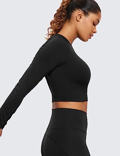 CRZ YOGA Seamless Long Sleeve Shirts for Women Ribbed Workout Tops Athletic Crop Tops Cropped Running Gym Shirts Black Small