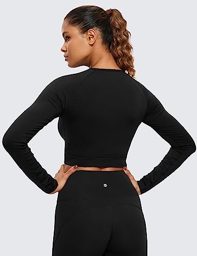 CRZ YOGA Seamless Long Sleeve Shirts for Women Ribbed Workout Tops Athletic Crop Tops Cropped Running Gym Shirts Black Small