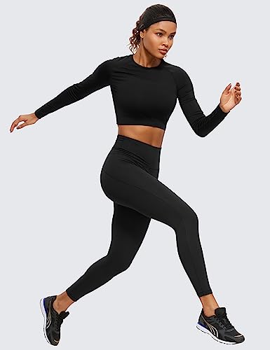 CRZ YOGA Seamless Long Sleeve Shirts for Women Ribbed Workout Tops Athletic Crop Tops Cropped Running Gym Shirts Black Small