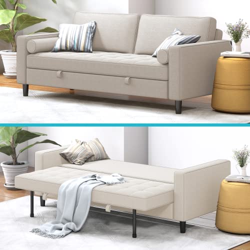 CECER Reversible Sleeper Sofa Bed with Cushion, Modern Pull Out Futon Couch Bed for Living Area, Big 2-in-1 Couch for Apartment, Office, Bedroom, Beige