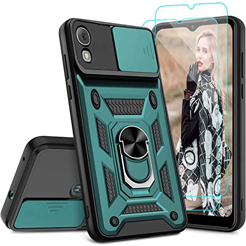 Suyomo for Alcatel TCL 30Z (T602DL) Case with Tempered Glass Screen Protector [2Pcs],TCL 30 LE Heavy Duty Case with Camera Cover Ring Holder Stand Shockproof Dual-Layer Protection Case (Green)