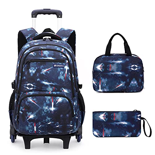 Mildame Galaxy Print Rolling Backpack for School Boys Girls with Lunch Bag Teens Bookbag with Wheels Kids Trolley Bag Set, Six Wheels