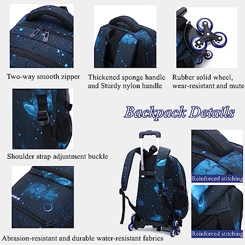 Mildame Galaxy Print Rolling Backpack for School Boys Girls with Lunch Bag Teens Bookbag with Wheels Kids Trolley Bag Set, Six Wheels