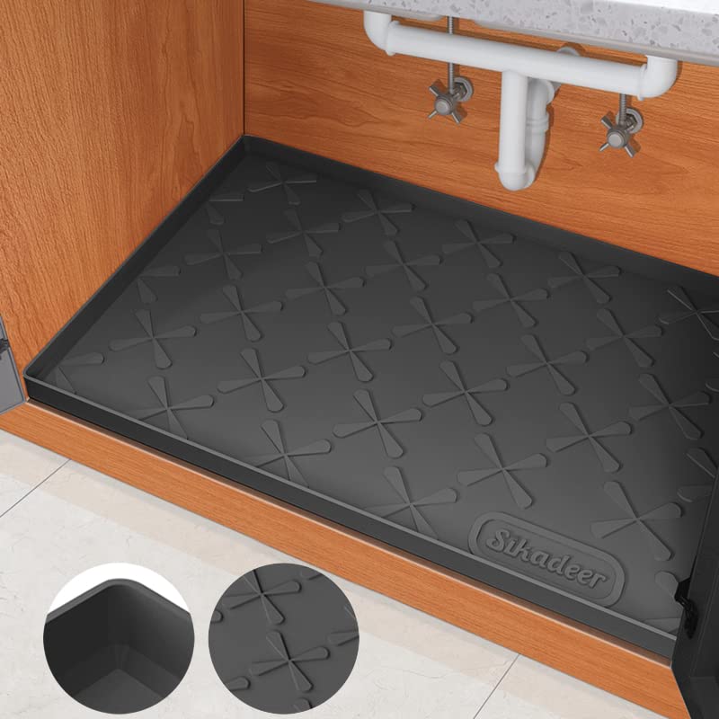 SIKADEER Under Sink Mat for Bathroom Waterproof, 22" x 19" Silicone Under Sink Liner Bathroom Cabinet Shelf Protector, Kitchen Bathroom Cabinet Mat, Under Bathroom Sink Drip Tray Liner (Black)