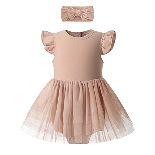 Organic Cotton Baby Girl Ruffle Romper Summer Tulle Dress Jumpsuit with Headband Outfit Set（12-18 Months, Misty Rose)