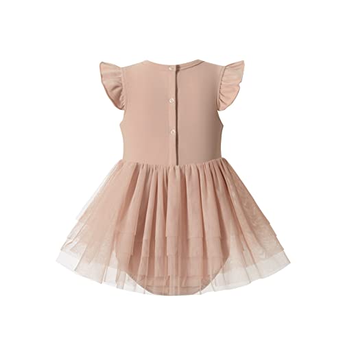 Organic Cotton Baby Girl Ruffle Romper Summer Tulle Dress Jumpsuit with Headband Outfit Set（12-18 Months, Misty Rose)