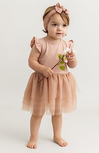 Organic Cotton Baby Girl Ruffle Romper Summer Tulle Dress Jumpsuit with Headband Outfit Set（12-18 Months, Misty Rose)