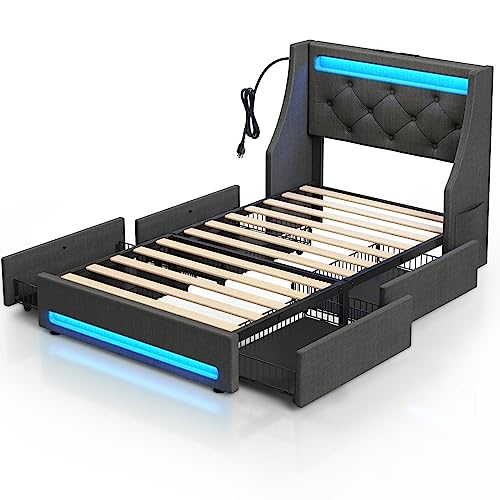 Rolanstar Twin Bed Frame with 4 Storage Drawers, Charging Station and LED Lights, Upholstered Platform Bed with Heavy Duty Wooden Slats, No Box Spring Needed, Noise Free, Easy Assembly, Dark Gray