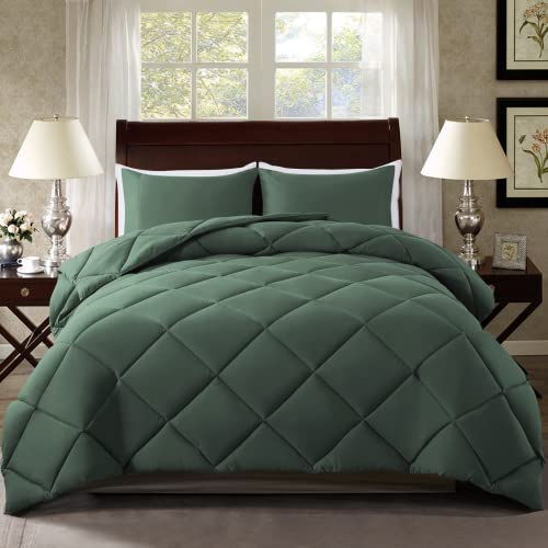 ELNIDO QUEEN King Comforter Set - Green All Seasons Bedding Comforters & Sets with 2 Pillow Cases - 3 Pieces Bed Set - Down Alternative Comforter Set- Bedding Comforter Sets King Size (102x90 inch)