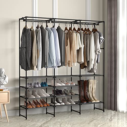 Kertnic 4-Tier Shoe, Boots Rack Storage Organizer for Entryway, Free Standing Black Versatile Shoe Shelf Stand with Coat Hanging Garment Rack for Bedroom (upgrade)