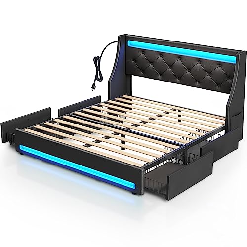 Rolanstar Queen Bed Frame with 4 Storage Drawers, Charging Station and LED Lights, PU Leather Platform Bed with Heavy Duty Wooden Slats, No Box Spring Needed, Noise Free, Easy Assembly, Black