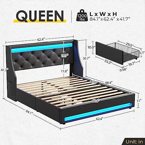 Rolanstar Queen Bed Frame with 4 Storage Drawers, Charging Station and LED Lights, PU Leather Platform Bed with Heavy Duty Wooden Slats, No Box Spring Needed, Noise Free, Easy Assembly, Black