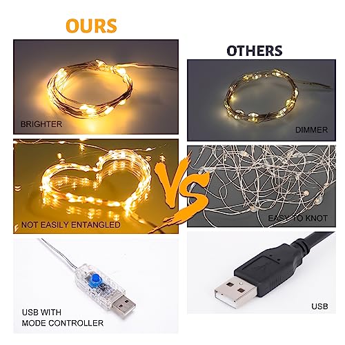 Fairy Lights 66 ft 200 LED USB Twinkle String Lights Plug in Silver Wire Lights with Remote and Timer 8 Modes Outdoor Waterproof Starry Lights DIY Party Wedding Christmas Decoration（Warm White）