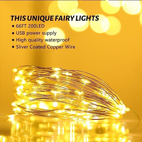 Fairy Lights 66 ft 200 LED USB Twinkle String Lights Plug in Silver Wire Lights with Remote and Timer 8 Modes Outdoor Waterproof Starry Lights DIY Party Wedding Christmas Decoration（Warm White）