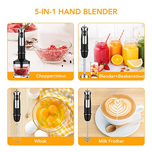 FlexWill Handheld Blender 5-in-1, Immersion Hand Blender 800W Powerful Copper Motor, 12 Speed Turbo Mode, 20oz Beaker with Measuring Mark, 17oz Food Chopper for Smoothies Stainless Steel Blades, Whisk