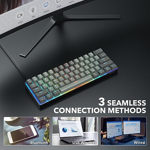 SABLUTE Mechanical Gaming Keyboard, Bluetooth/2.4G/USB-C Wired 60% Compact Mini Keyboard with 20 RGB Effects & 7 Colors Backlit, N-Key Rollover, 61 Keys Layout, Hot Swappable Linear Red Switch