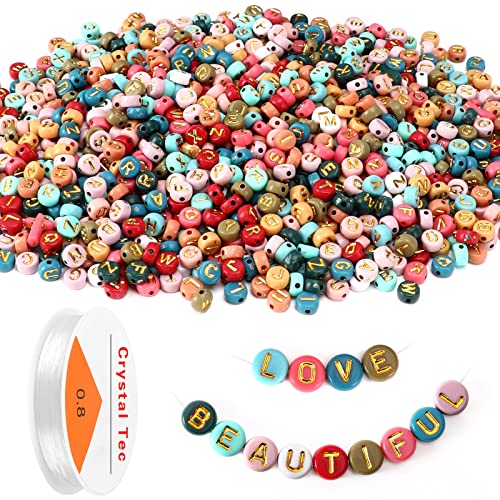 Colored Letter Beads, DECYOOL 1900Pcs 4×7mm Colorful Gold Acrylic Alphabet Beads with 1 Roll Elastic String for Bracelet Necklace Jewelry Making Supplies