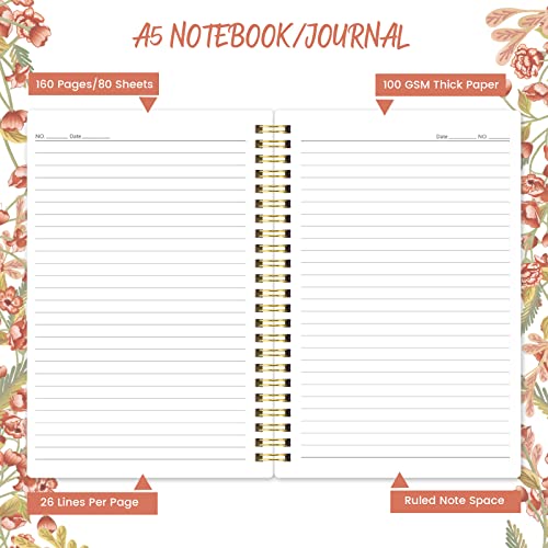 Spiral Notebook - 3 Pack A5 Notebooks Spiral Bound with Back Pocket, Lined Journal Notebook, Spiral Journal for Women, 5.7" x 8.4", 160 Pages, College Ruled Writing Notebook, 100gsm Paper, for Office & School