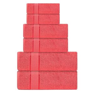 bath towels set-100% cotton-2 bath towels, 2 hand towels & 2 washcloths-large, quick dry, absorbent, soft & plush, gym, spa, hotel, shower towels -6 piece luxury bathroom towels - coral / dark coral